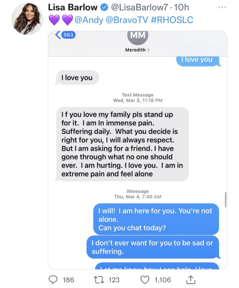 RHOSLC Star Lisa Barlow Leaks Meredith's Text Messages